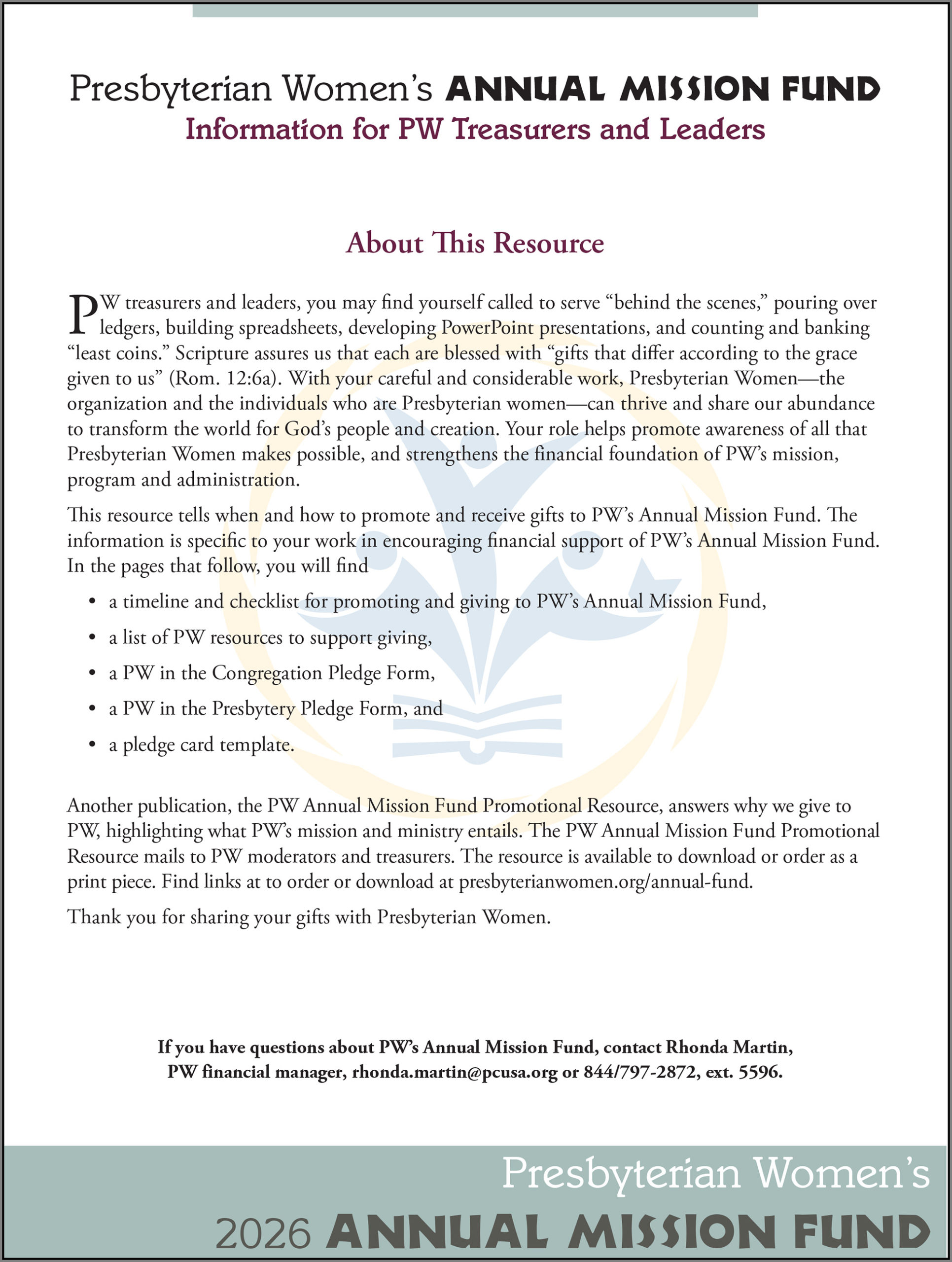 2026 Annual Mission Fund, Information for PW Treasurers and Leaders ...